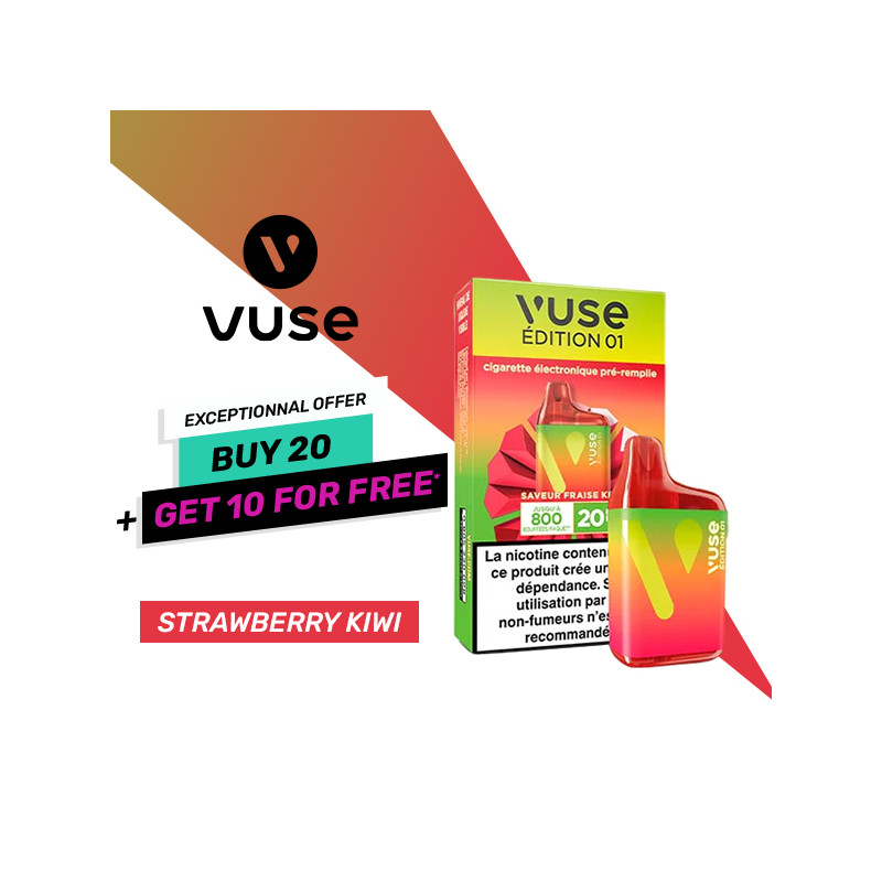 Pack Puffs Jetables Vuse 800 Fraise Kiwi 20MG (20 achetées + 10 ...